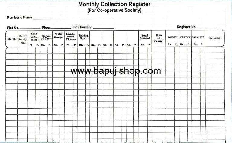 Monthly collection register - cooperative housing and credit society