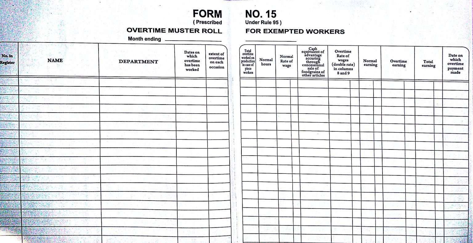 Overtime register as per factory act - Bapuji Mumbai (since 1948)